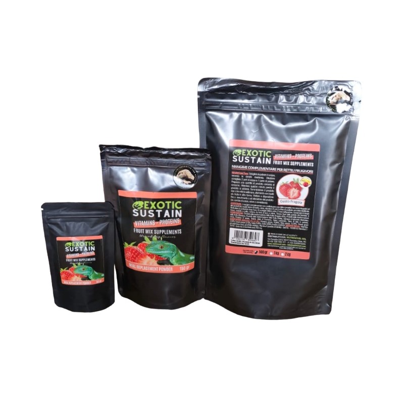 Strawberry flavored powdered food for fruit-eating animals