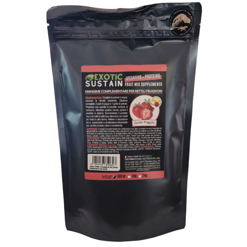 Strawberry flavored powdered food for fruit-eating animals